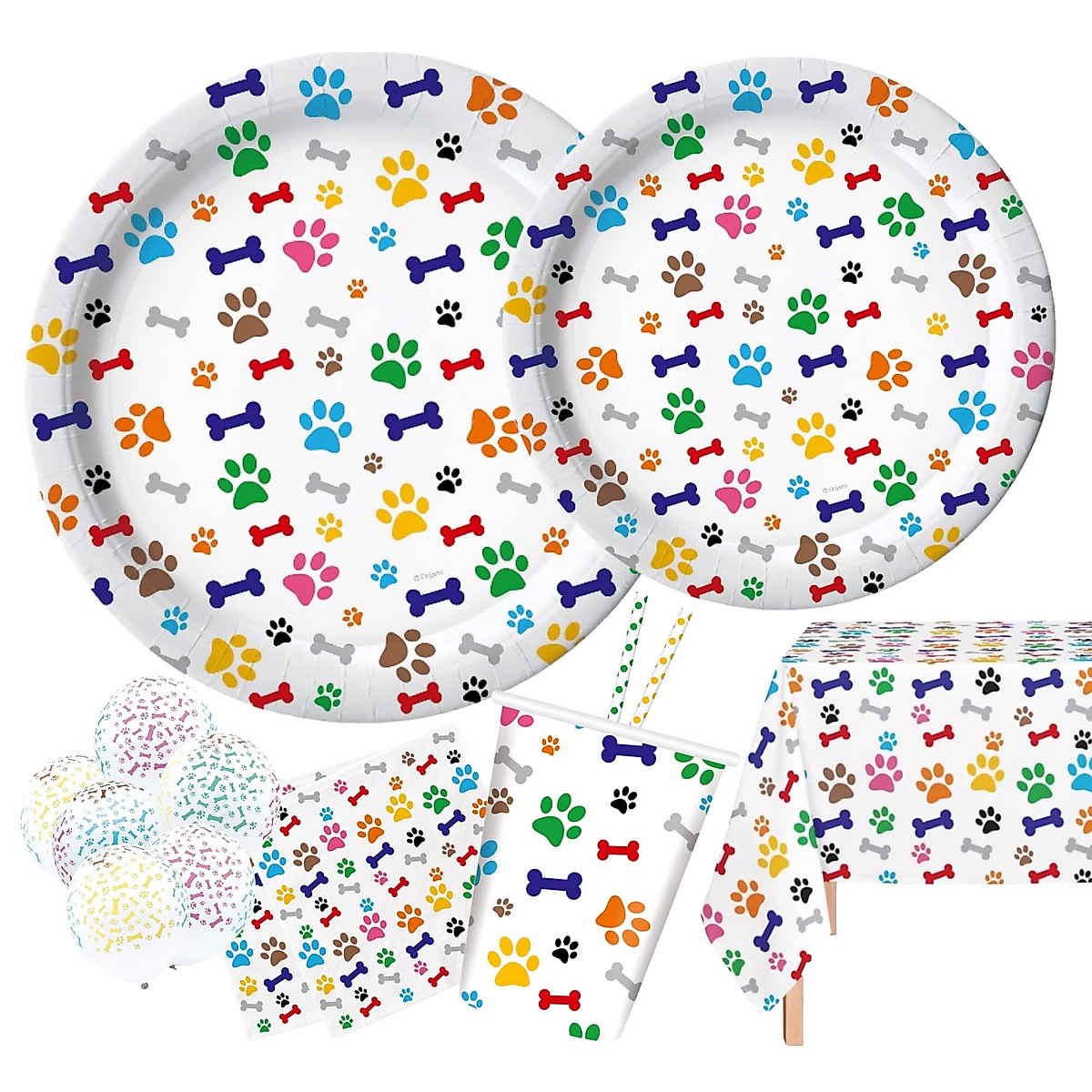 Serves 18 Complete Party Pack Dog Theme Party Supplies Includes Plates, Cups, Napkins ,Table Covers, Straws, Balloons Ideal for Dog Puppy Paw theme Birthday party supplies