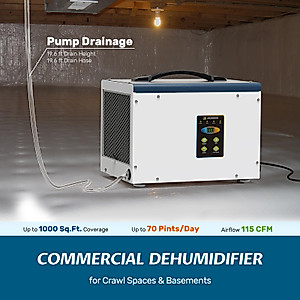 ARGENDON Crawlspace Dehumidifier with Pump, 70 Pint Energy Star Commercial Dehumidifier for Basement with Drain Hose, Auto Defrost, Memory Starting, GLGR, Up to 1000 Sq Ft