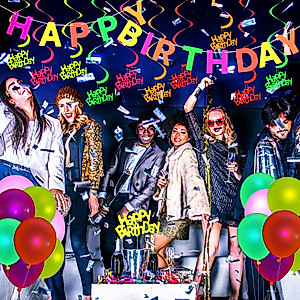 Glow Party Supplies Neon Party Supplies Set Glow in the Dark Happy Birthday Banner with UV Black Light Reactive Cake Topper Swirls Neon Fluorescent Latex Balloons Neon Stars for Birthday Glow Party