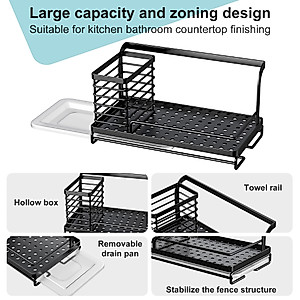 Nieifi Sink Caddy Organizer Countertop Sponge Brush Soap Holder with Drain Pan Stainless Steel for Kitchen Black