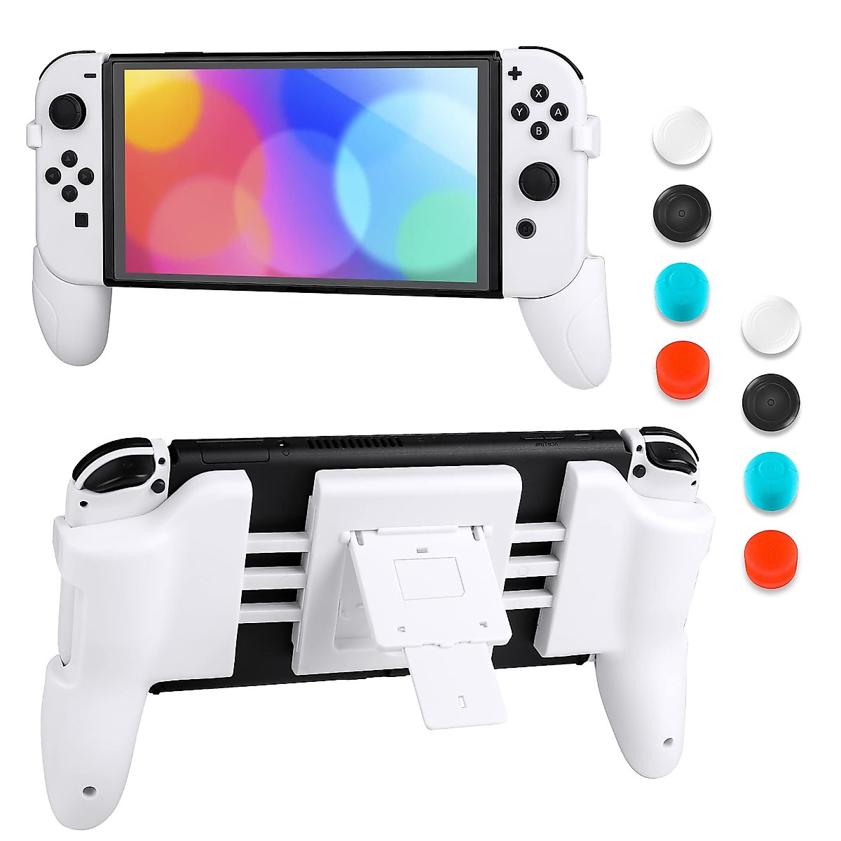 FANPL Multi-function Adjustable Grip for Nintendo Switch & Switch OLED Controller and Joycon, Ergonomic Handle Grip Comfortable, Foldable, Standable, Accessories with 8 Thumb Caps 2 Game Card Slots
