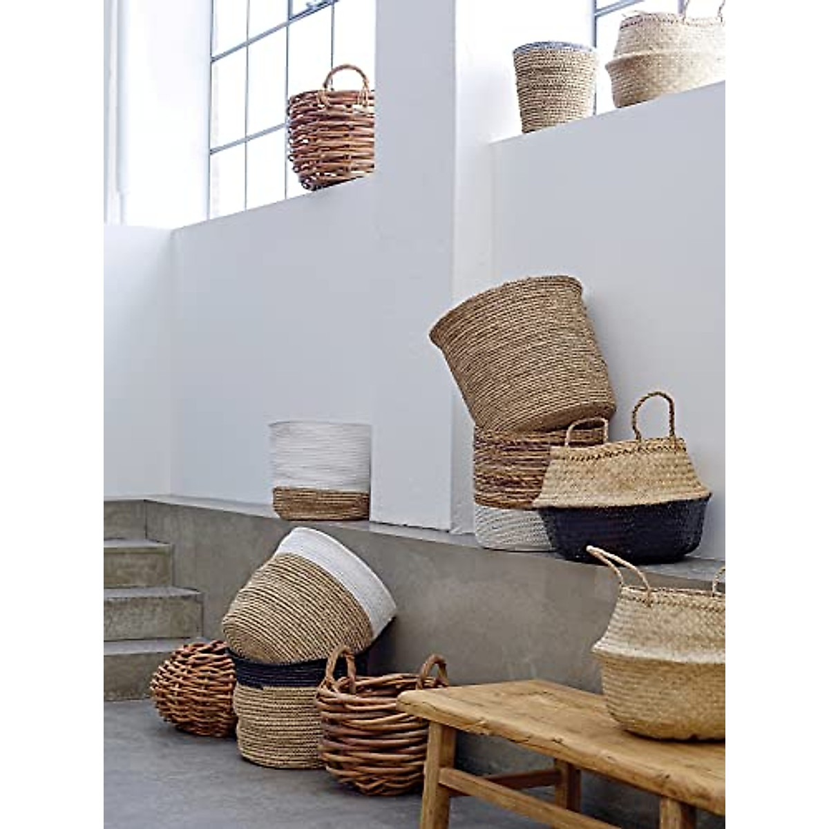 Bloomingville Handwoven Seagrass Folding Basket with Handles, Natural and Black