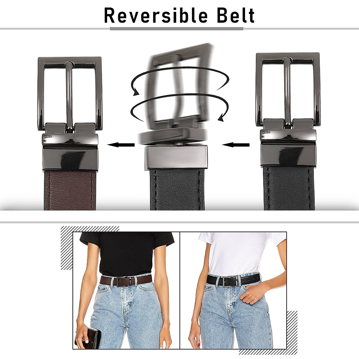 AWAYTR Reversible Leather Belt for Women - Two Color-in-One Belt for Jeans Dress Women Men Belt with Rotated Buckle(Coffee/Black with Gun Color Buckle 45in(115cm))