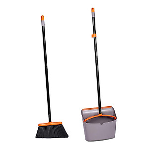 BirdRock Home Broom and Dustpan Set - Lobby Dust Pan - Orange and Grey Durable Set - Indoor or Outdoor - Sweep Combo Great for Kitchen, Home, Garage and Office - Clip On Self Cleaning Bristles