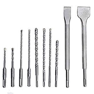 RVIQI 17 PCS Hammer Drill Bits and Chisels Set, SDS Plus Shank Connection Concrete Masonry Hole Tool Including Carbide Rotary Drill Bits, Pointed and Flat Chisels, Hard Storage Case