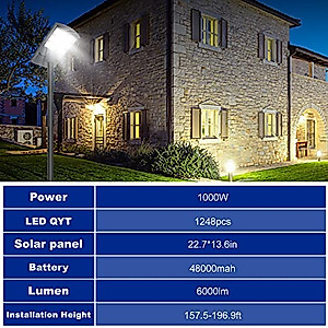 1000W Solar Street Light Motion Sensor, 60000LM Solar Flood Lights Outdoor IP66 Waterproof with Remote Control & Arm Pole,Dusk to Dawn Solar LED Lamp for Garden,Yard,Stadium,Parking Lot