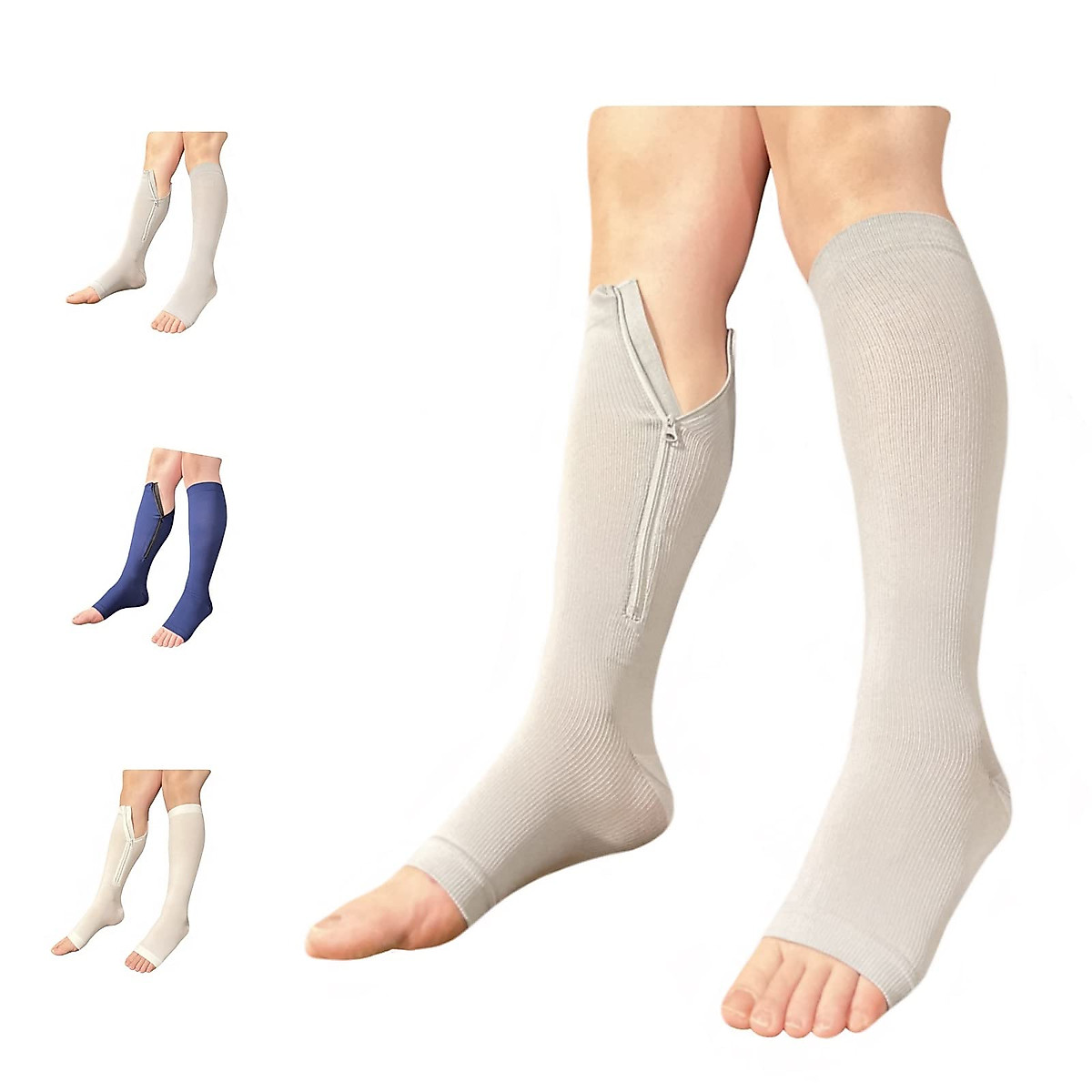 Ziperior Open Toe 15-20 mmHg Compression White Navy Gray Inside Leg Zipper Socks (Gray, Small-Medium)