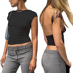 ForeFair Women Sexy Backless Top Open Back Short Sleeve Shirts Cute Slim Fit Crewneck Summer Casual Y2K Tops（Black,XS）