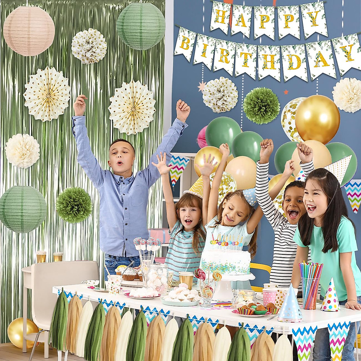 Sage Green Birthday Party Decorations with Happy Birthday Banner Olive Green Gold Balloons Fringe Curtain for Girls Women Baby Shower Birthday Decor