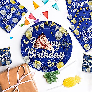 VYTSYD Blue Birthday Party Decorations Packs, 120 Pcs Blue and Gold Foil Dots Happy Birthday Party Supplies for Men Boys | Navy Blue Plates and Napkins Cups Straws Cutlery Set, Serve 24