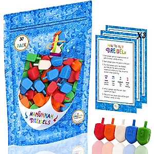 The Dreidel Company Hanukkah Dreidels Multicolor Plastic Chanuka Dreidels with English Transliteration - Includes Dreidel Game Instruction Cards (30-Pack)