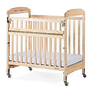 Foundations Serenity SafeReach Crib with Adjustable Mattress Board, Compact Baby Crib with Commercial Grade Casters, Clear End Panels for Child Visibility, Includes 3” Foam Mattress (Natural)