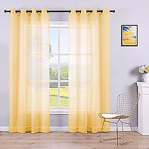 KOUFALL Yellow Sheer Curtains 84 Inches Long for Living Room Set 2 Grommet Faux Linen Soft Semi Transparent Voile Drape Window Sheer Curtains for Bedroom Boys 52x84 Length Solid Pair Bright Color