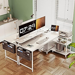 ODK 58 Inch Computer Desk with USB Charging Port & Power Outlet, L-Shaped Corner Desk with Storage Shelves & Monitor Shelf for Home Office Workstation, Modern Writing Table, White
