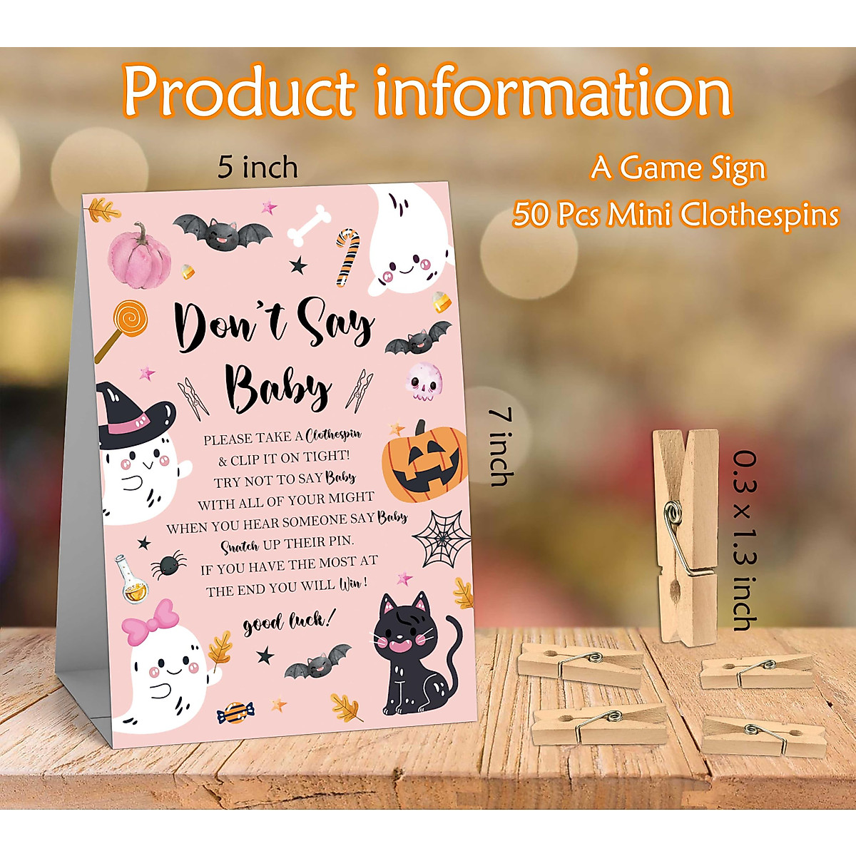 Don't Say Baby Clothespin Games Sign (1 Sign + 50 Mini Clothespins), Halloween Ghost Pumpkin Gender Neutral Gender Reveal Baby Shower Prizes Game, Halloween Baby Shower Party Decorations-SG01