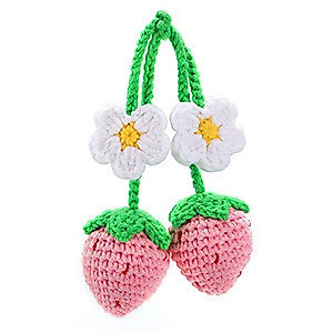 2 PCs Cute Crochet Strawberry Hanging Ornament for Car Rearview Mirrior Decor, Hanging Charms Accessories, Pendant Fruit for Gift-Handmade Knitted (Pink)