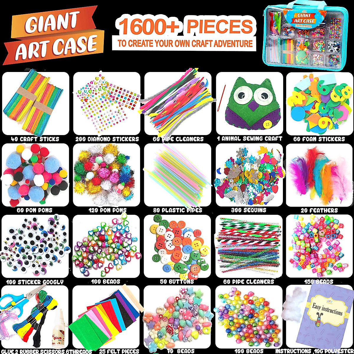 Arts and Crafts Supplies for Kids - 1600+Pcs Craft Kits for Kids - DIY School Craft Project for Kids Age 4 5 6 7 8-12 Gifts for Girls and Boys Crafts for Girls Ages 8-12 Arts Activities