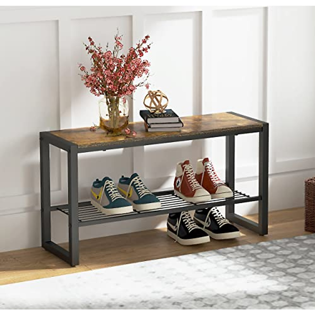 Yusong Entryway Bench Shoe Bench Rack with Mesh Shelf, 35.4" Long Storage Bench with Heavy Metal Frame,Shoe Storage Organizer Rack for Hallway, Living Room, Bedroom, Rustic Brown