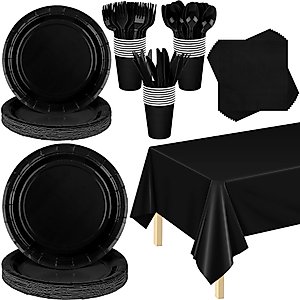 ADXCO 169 Pieces Black Party Supplies Include Black Plates and Cups Paper Napkins Plastic Forks Knives Spoons Tablecloth Serve 24 Guests for Wedding Birthday Party Decorations