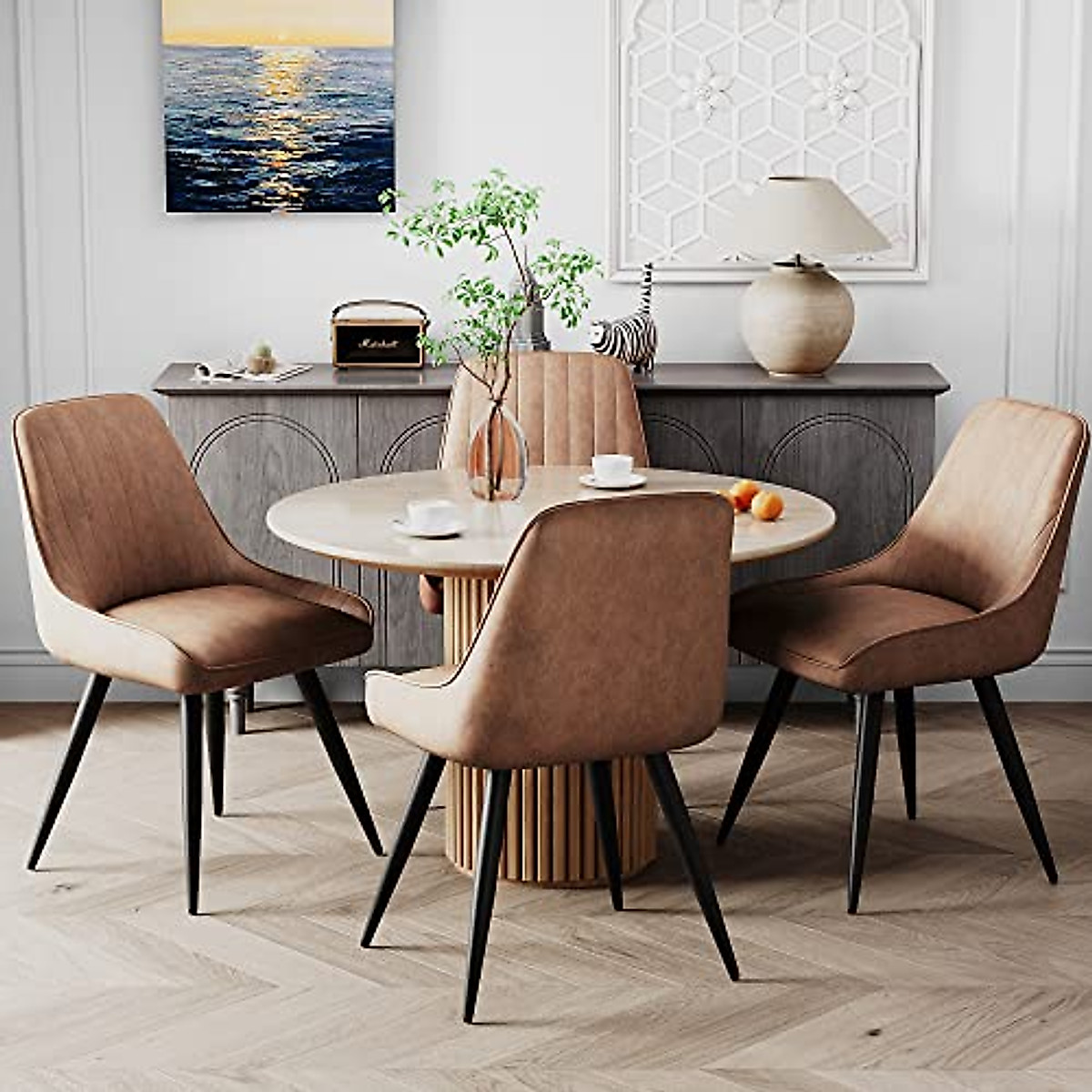 Andeworld Upholstered Dining Chairs Set of 2, Comfortable Modern Accent Chairs with Metal Legs,Faux Leather Industrial Side Leisure Chair for Living Room/Dining Room/Bistro/Coffee -Brown