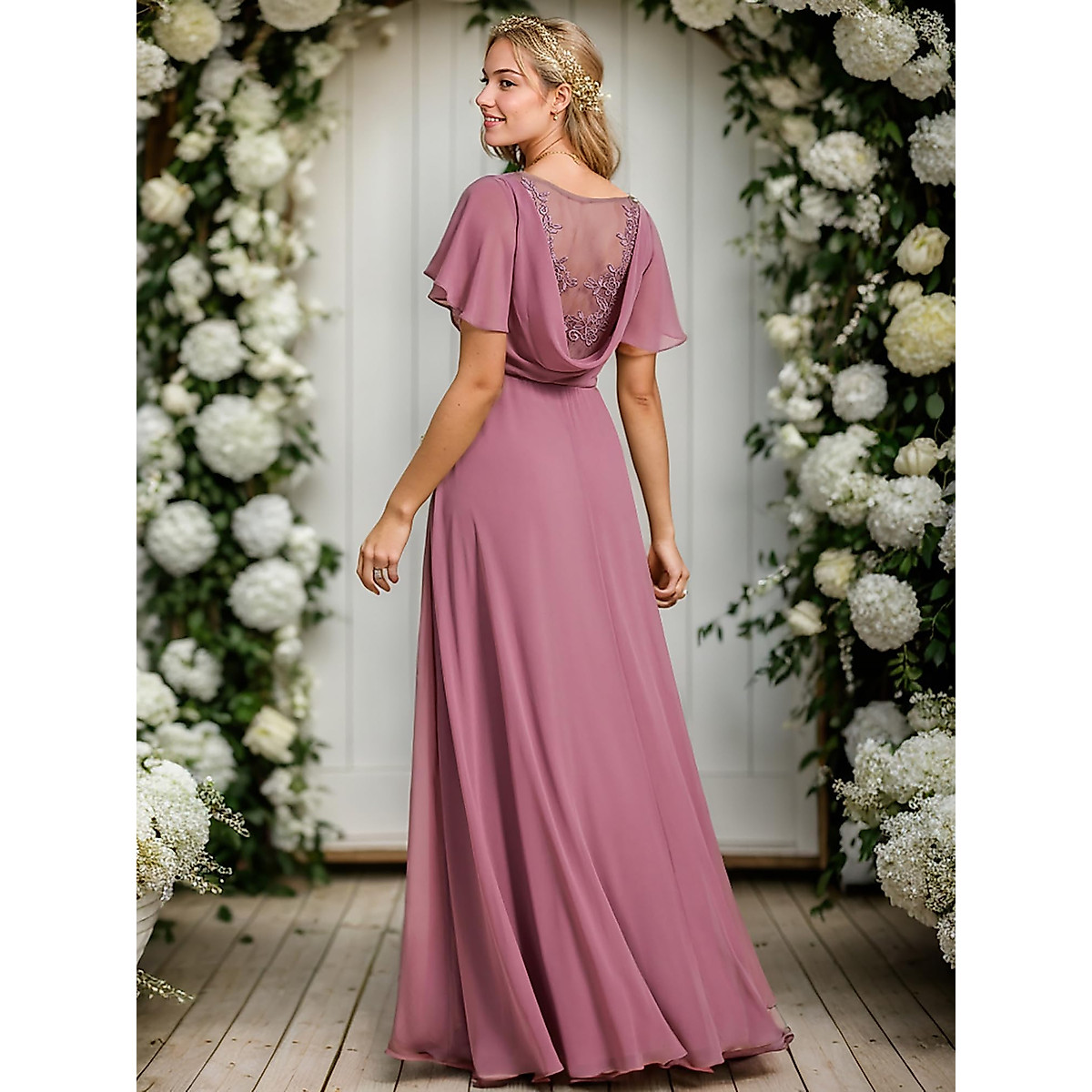 Ever-Pretty Women's Elegant Chiffon Appliques A Line V Neck High Slit Bridesmaid Dress Orchid US12