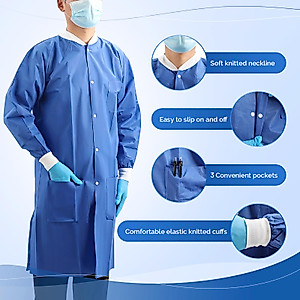 JMU 10 Pack Disposable Lab Coats for Adult Large, SMS Medical Lab Jacket Knee Length with Knit Cuff & Collar, 3 Pockets