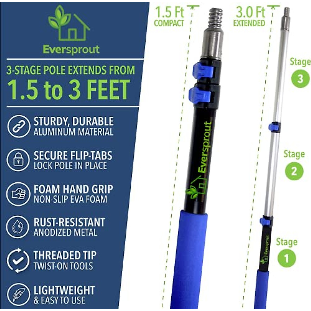 EVERSPROUT 1.5-to-3 Foot Scrub Brush | Built-in Rubber Bumper | Lightweight Extension Pole Handle | Soft Bristles wash Car, RV, Boat, Solar Panel, Deck | Shower Brush for Cleaning | Floor Brush