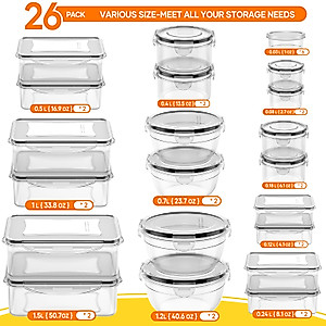 52 PCS Food Storage Containers with Lids Airtight (26 Lids & 26 Containers)- Reusable Plastic Leakproof Meal-Prep Container for Kitchen Storage Organization Microwave/Dishwasher Safe with Labels & Pen