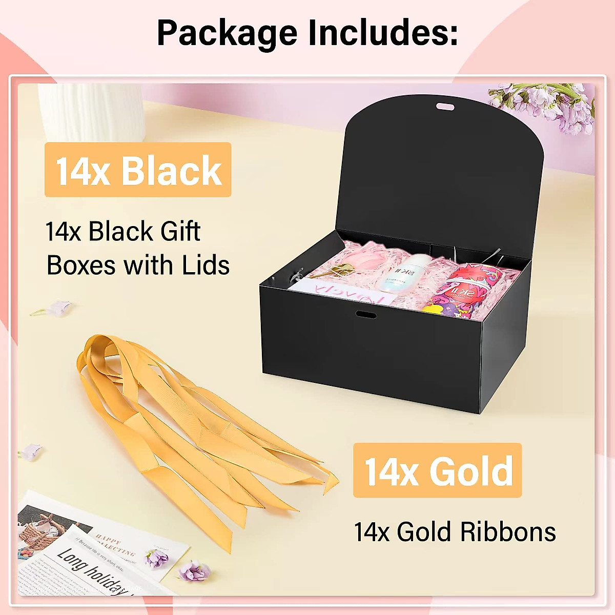 ZSZMFH 14 PCs Gift Boxes with Lids, 9" x 6" x 4" Black Gift Boxes with Ribbon, Bridesmaid Proposal Box, Kraft Paper Gift Box for Wedding, Packaging, Present, Birthday, Cupcake Boxes, Crafting