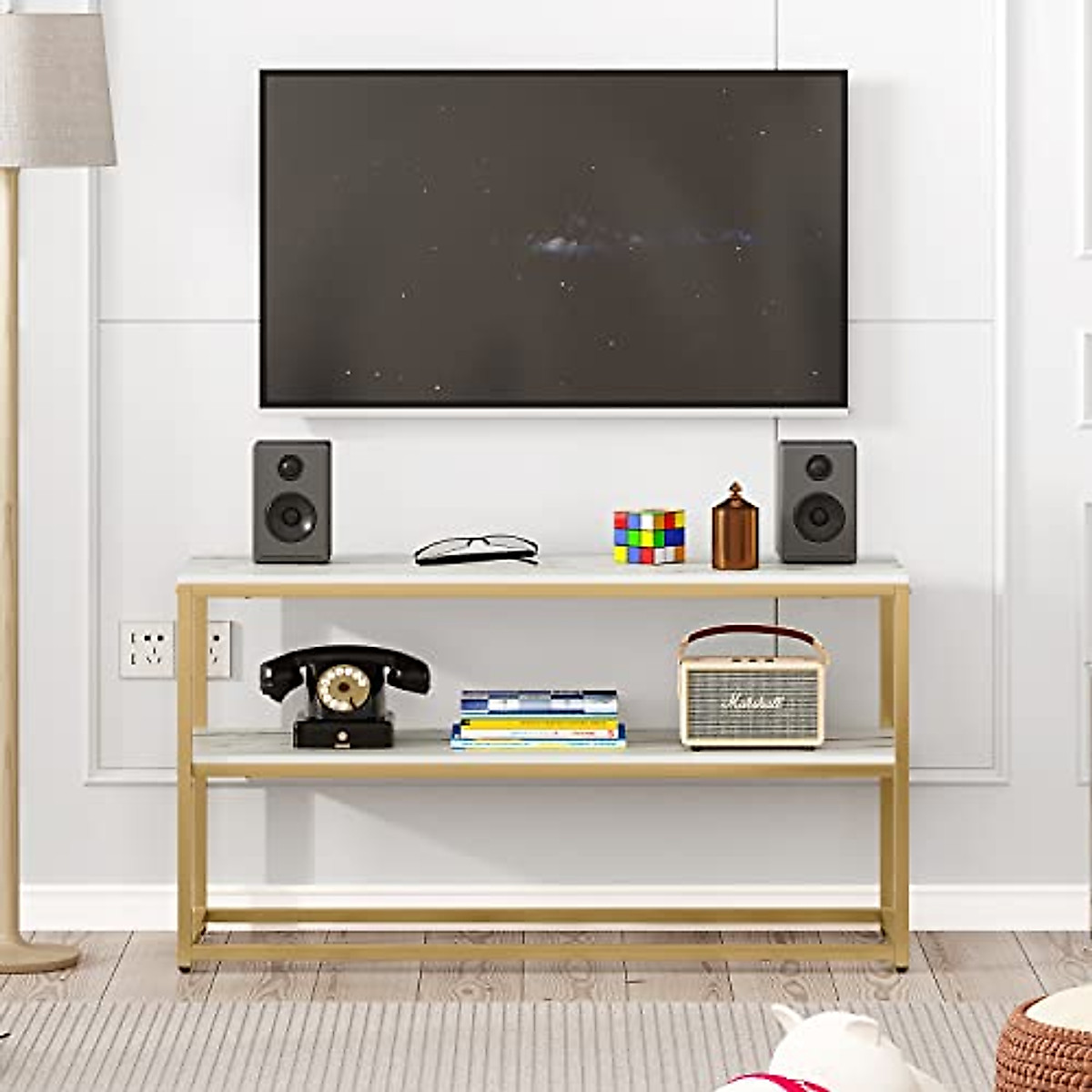 Function Home TV Stand for TVs up to 50 Inch, 3 Tier Entertainment Center, Modern TV Cabinet with Marble Top and Gold Metal Base, 42" Media Console Table with Storage for Living Room Bedroom