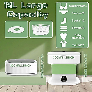 Mini Portable Washing Machine,12L Collapsible Travel Washing Machine, Collapsible Washer and Dryer Combo 2 in 1 for Apartments,Camping (Green)