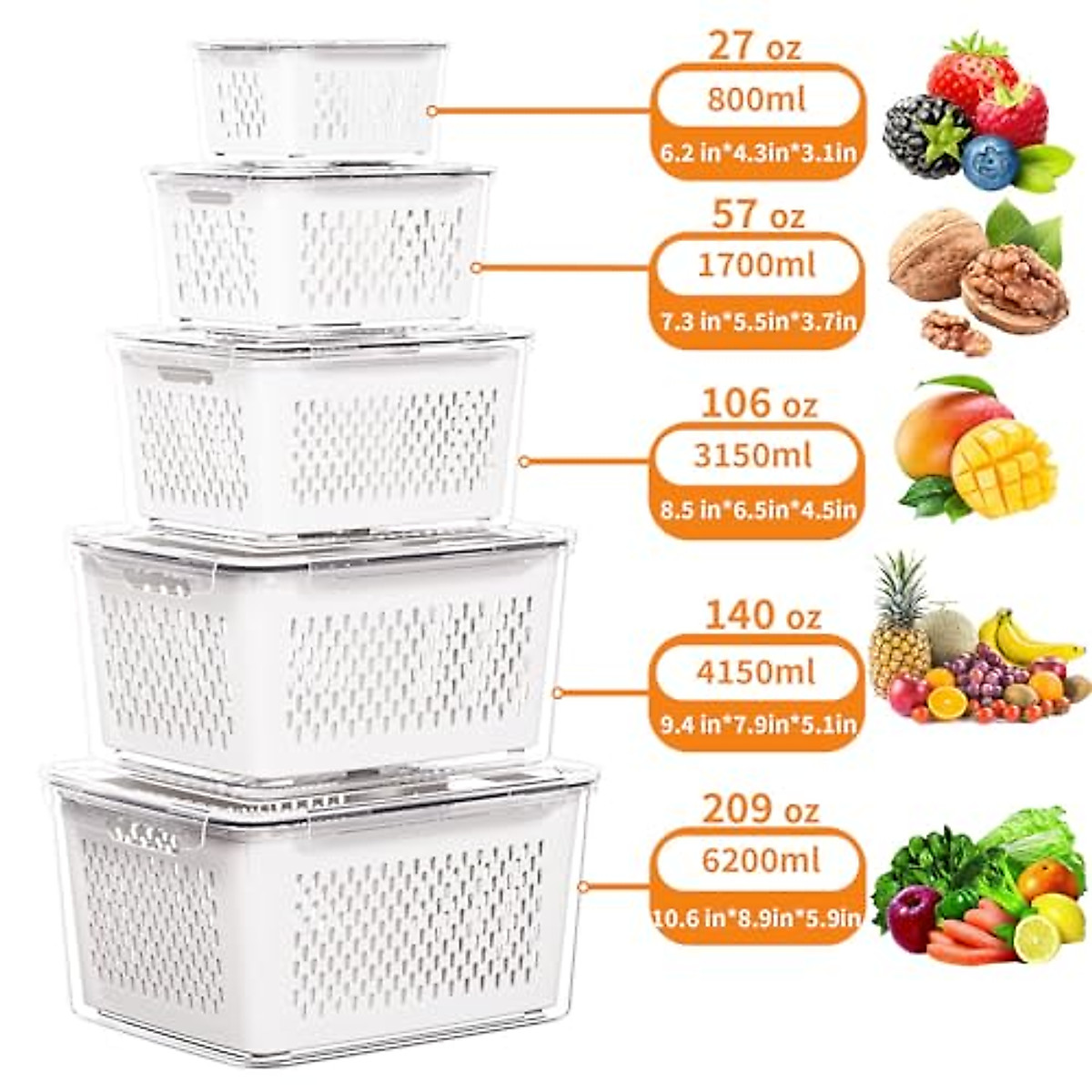 Kearning 5 Pcs Large Airtight Food Storage Containers with Lids&Handle, Fruit Storage Containers for Fridge with Removable Colanders, Leakproof Meal Prep Containers, Bento Box, Organizers and Storage