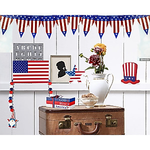 5Pcs 4th of July Tiered Tray Decor Patriotic Wood Signs American Flag Stars and Stripe Wood Blocks Red White Blue Wooden Bead Garland for 4th of July Memorial Day Home Table Decor