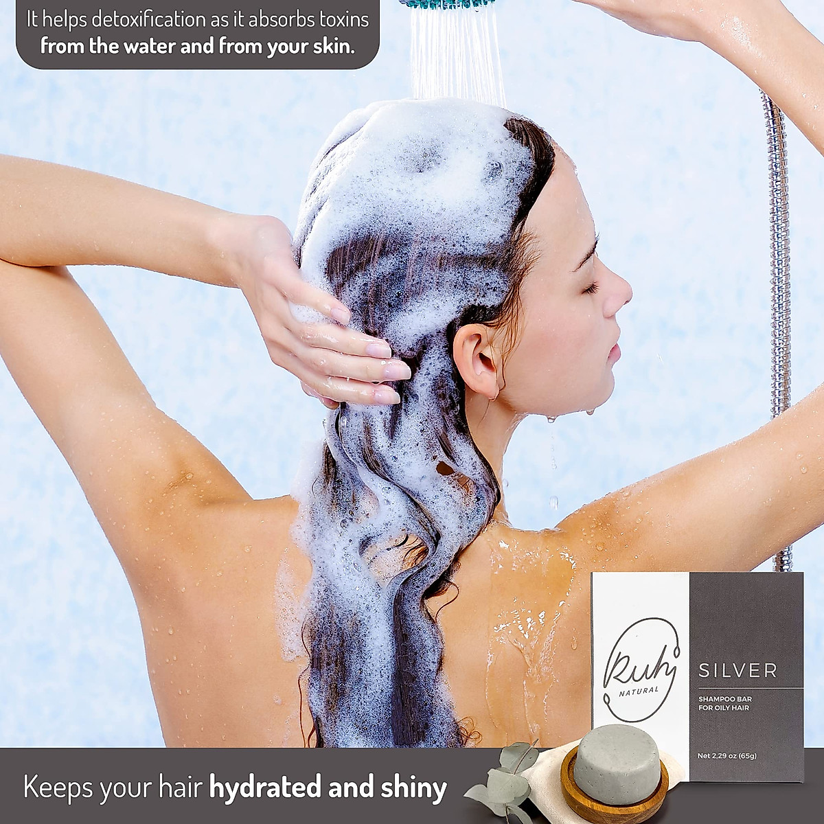 Ruh Natural Shampoo Bar for Oily Hair, Handmade Sulfate Free Shampoo Bars with Bentonite Clay and Gardenia Sent, Vegan and Zero-Waste Eco-Friendly, Silver (1ct)