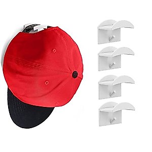 EZB Adhesive Hat Hooks for Wall - Floating, Hidden, Double Hook Hat Mounts for Fitted & Snapback Hats (4 Pack, Pearl White)