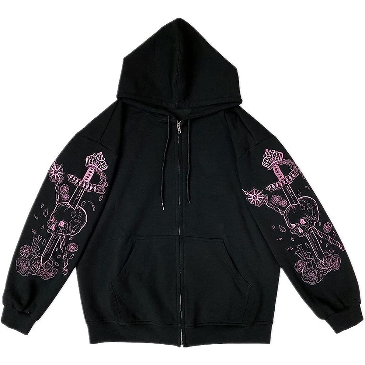 Women Y2K Fall Goth Skeleton Dark Academia Zip Up Hoodie, Harajuku Alt Punk Vintage Emo Graphic Korean Hooded Jacket (M,Medium) Black