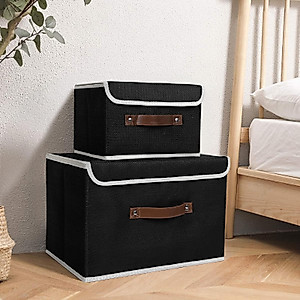LaMorée Storage Bins with Lids Decorative Storage Boxes with PU Leather Handle 1 Pack Collapsible Closet Storage Basket Cotton Linen Basket Fabric Storage Cubes 10.2" Lx7.9 Wx6.7 H, Black