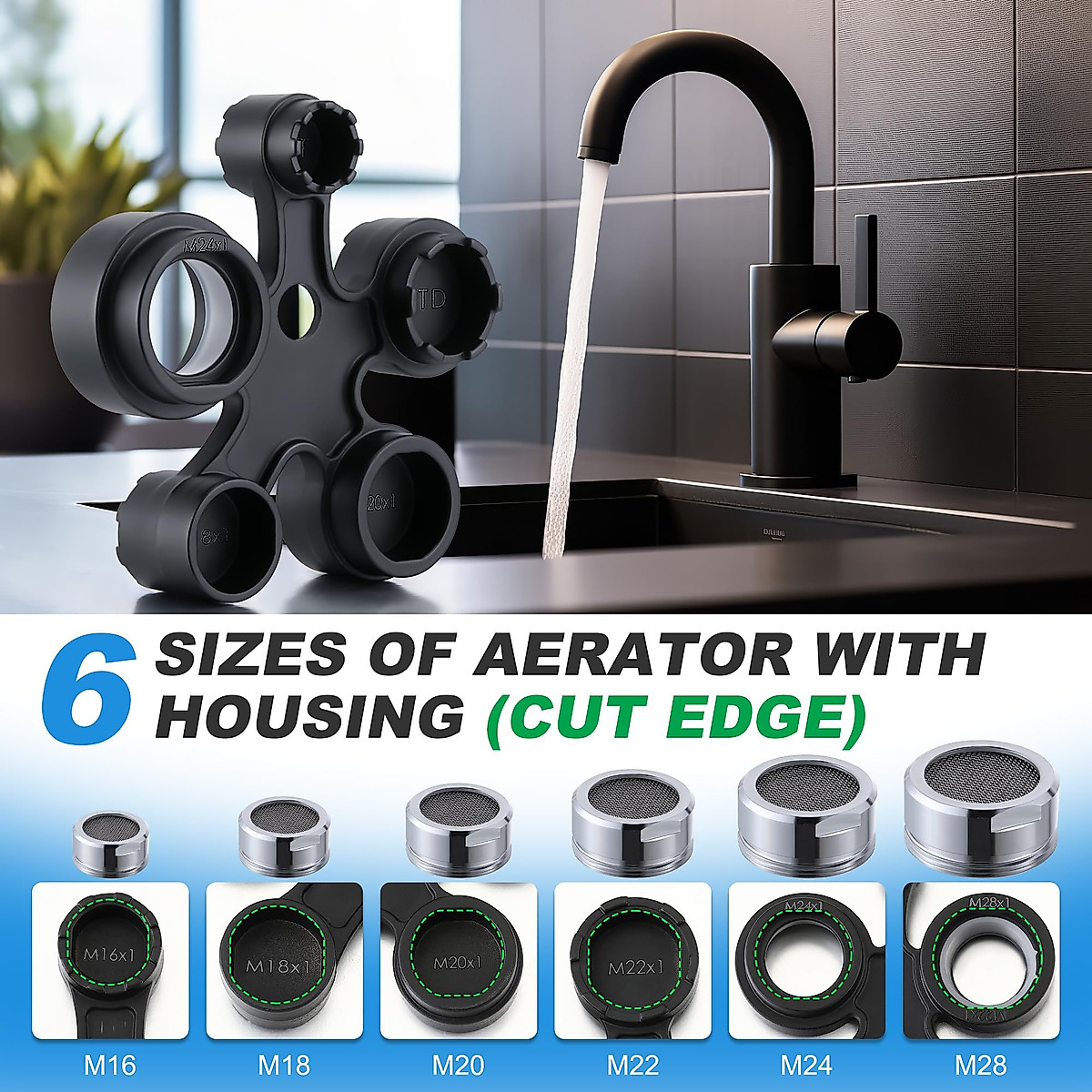 Enhon 13 in 1 Faucet Aerator Removal Tool, Metal Aerator Key Wrench for Hidden TF, TJ, TT, JR, STD and Cut Edge/Round Aerator with Housing M16 M18 M20 M22 M24 M28 (Black Mist)