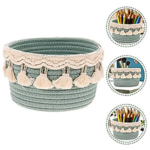 Woven Basket Small Woven Storage Basket Decorative Cotton Rope Basket with Tassel Woven Nursery Hamper Storage Bin for Blankets Towels Toilet Paper Green Bathroom Basket
