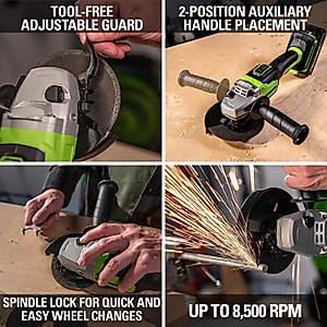 GreenWorks 24V Brushless Cordless 5" Angle Grinder, 10500rpm, 2-Position Auxiliary Handle, Electric Brake, Grinding Wheel, 2.0Ah USB Battery and Charger Included