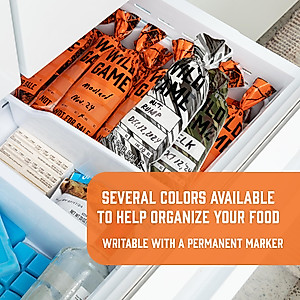 Klarny Outdoors Wild Game Freezer Bags for Ground Meat or Venison, 1.5 LB Blaze Orange Camouflage Hunting Meat Packaging Storage System with Twist Ties for Preventing Freezer Burn (50 Bags)