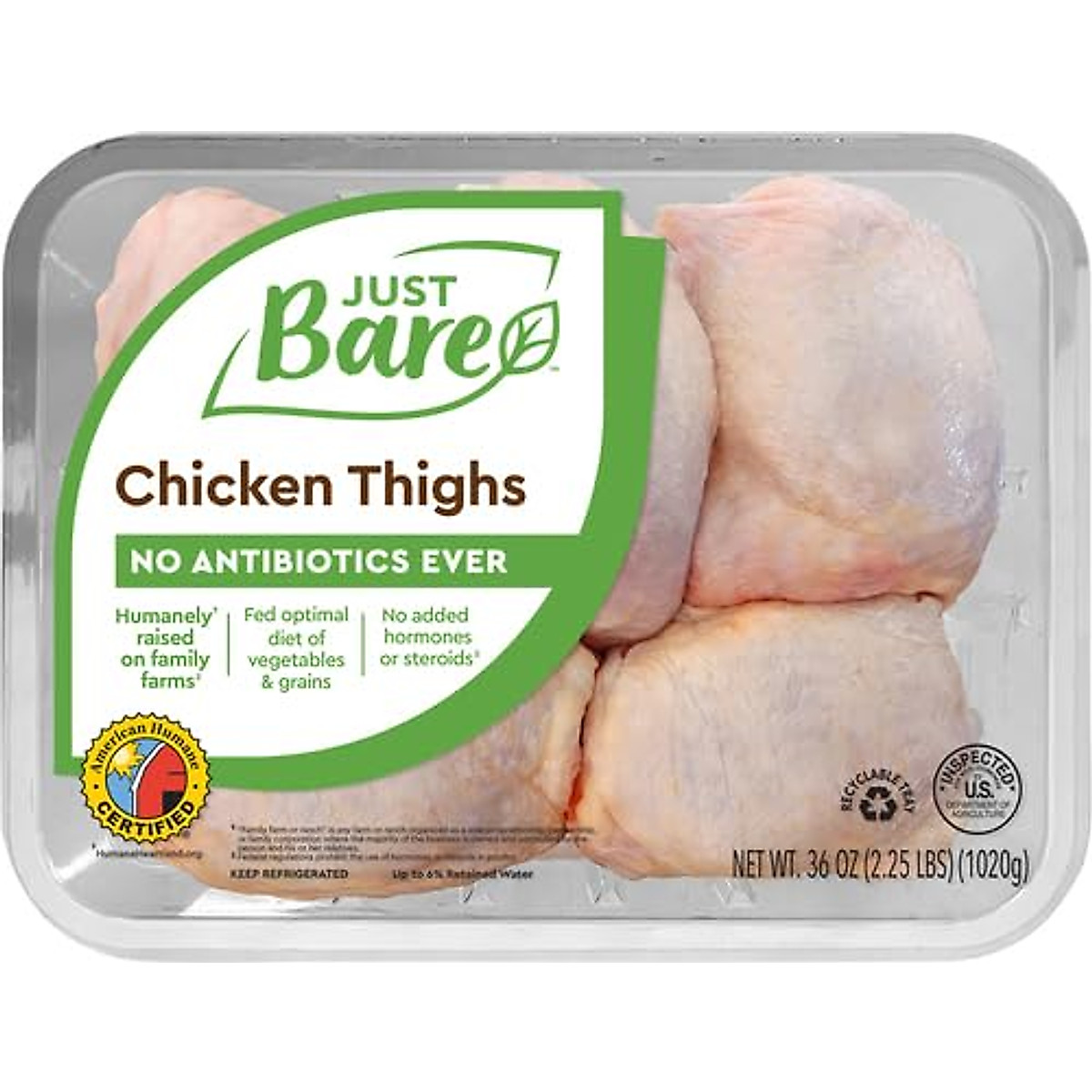 Just Bare® All Natural Fresh Chicken Thighs | Family Pack | No Antibiotics Ever | Bone-In | 2.25 LB
