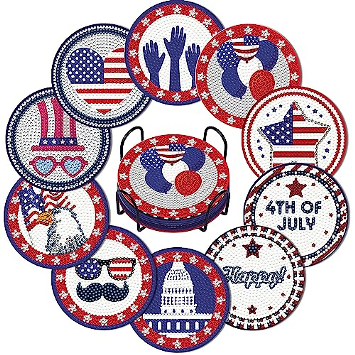 Billbotk 10 Pieces Independence Day Diamond Painting Coasters, Diamond Art Coasters with Holder, DIY Diamond Art Crafts Projects, Diamond Dots Kits for Adults and Beginners