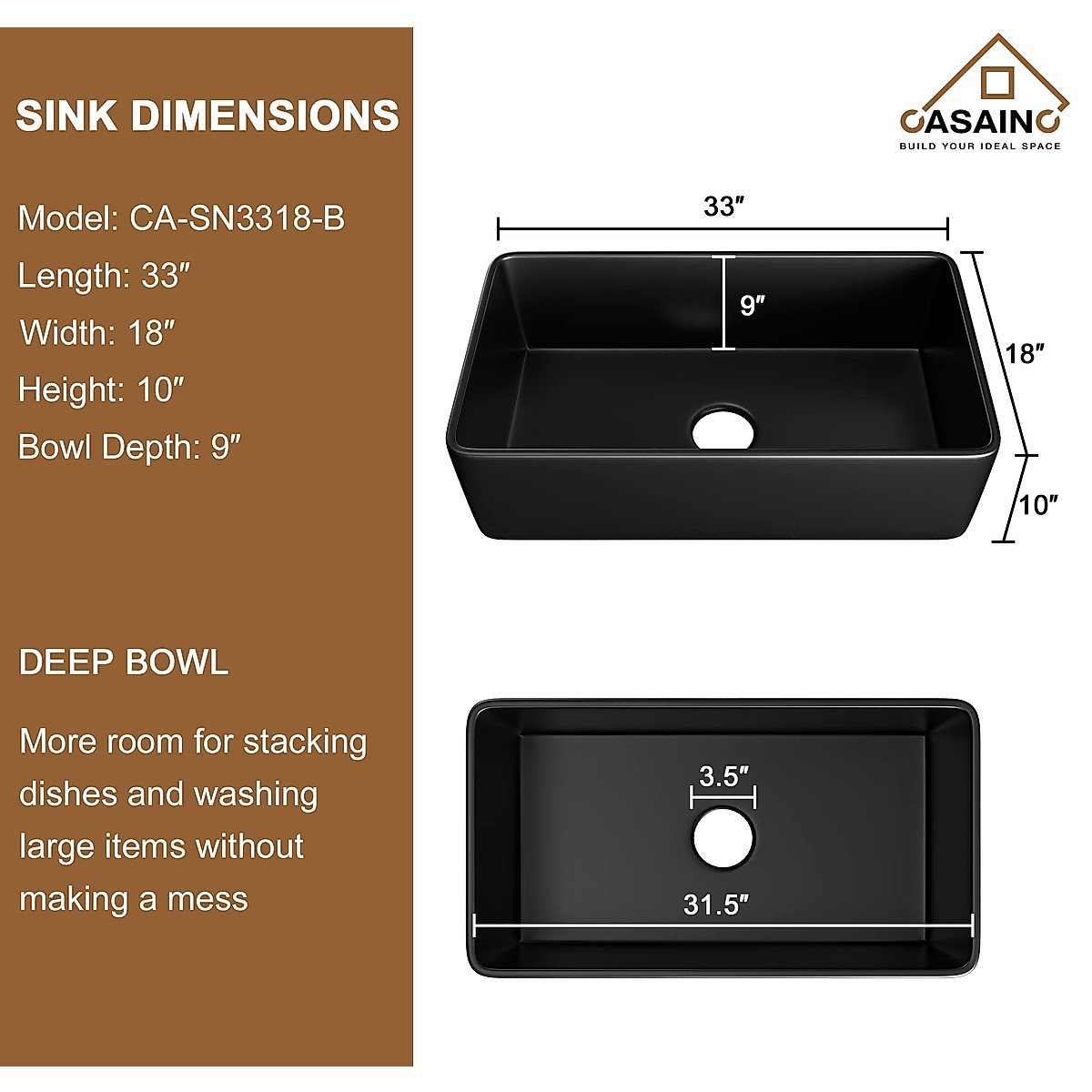 CASAINC 33-inch Kitchen Sink Black, Farmhouse Sink Fireclay Apron -Front Farmhouse Deep Single Bowl, Farmhouse Sink with Stainless Steel Bottom Grid and Kitchen Sink Drain