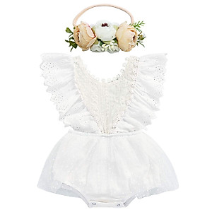 BGFKS Lace Ruffle Sleeve Romper Tutu for Baby Girl,Newborn Toddler Girls Bodysuit Tutu Dress with Flower Headband