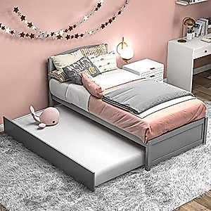 TOLEAD Daybed with Trundle, Twin Size Pull Out Bed, Solid Wood Extendable Day Bed with Pop Up Trundle, Include Slat Support (Grey, Trundle)