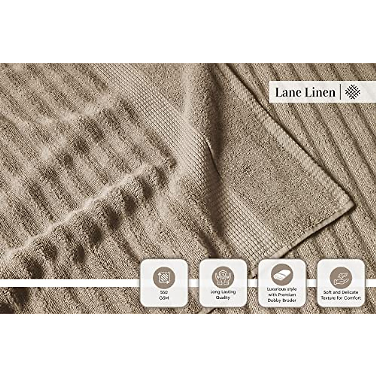 LANE LINEN Bath Towel Set - Soft and Absorbent, Ribbed, 100% Cotton Towels for Bathroom, Hotel, Body & Spa - 2 Bath Towels Large Size, 2 Bathroom Hand Towel and 2 Wash Cloths (6 Piece Set) - Taupe