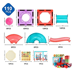 FUNTECH Magnetic Tiles, Magnetic Pipe Blocks, Marble Run STEM Building Set, 110Piece, GIft for Children Boys and Girls