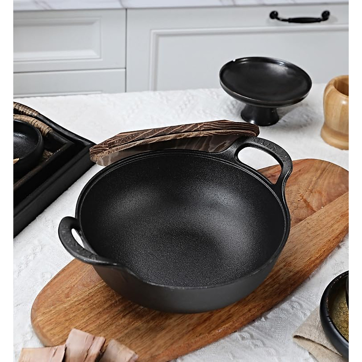 VONOTO Cast Iron Wok with Handles, Pre-seasoned Cast Iron Grilling Wok, Use in the Oven, on the Stove, or on the Grill (8 inch)