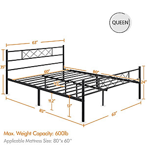 Yaheetech Queen Size Metal Platform Bed Frame Mattress Foundation with Headboard and Footboard No Box Spring Needed Under Bed Storage Steel Slats Black